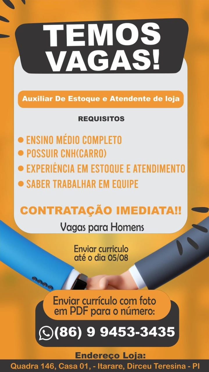 Vagas de emprego para Assistente de RH, Auxiliar de Estoque e Atendente de Loja em Teresina